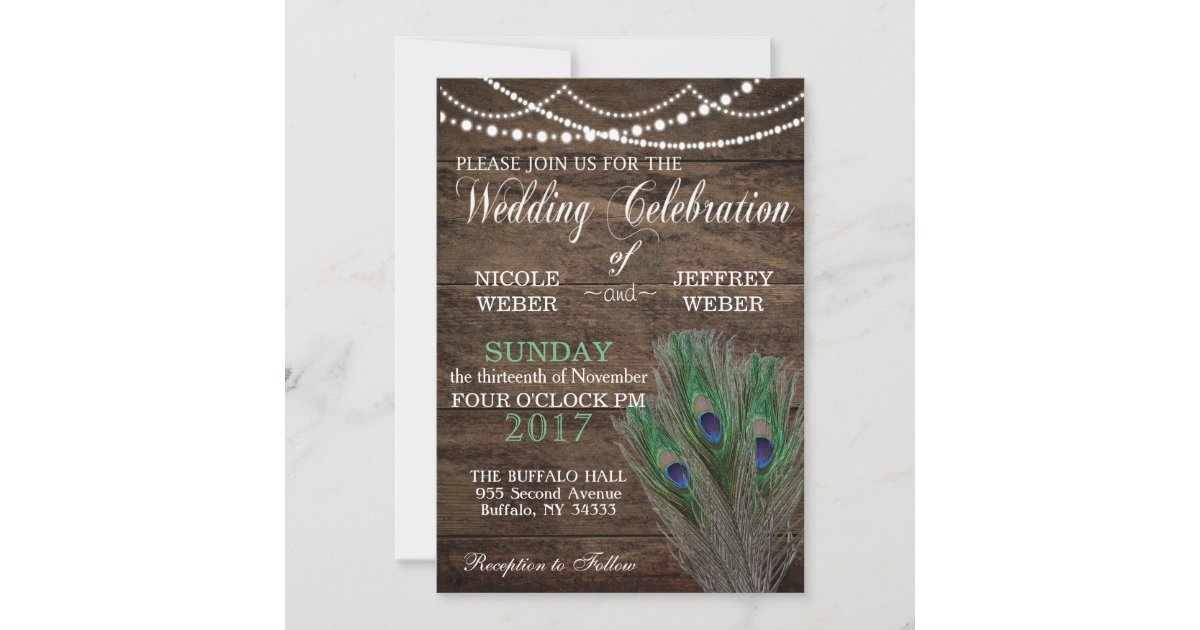 Peacock Boho Country Wood Wedding Invitation | Zazzle