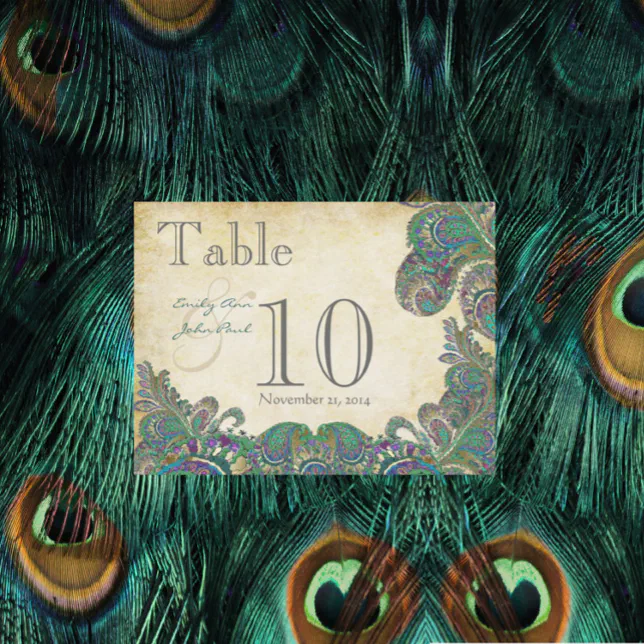 Peacock Colors Paisley Wedding Table Number | Zazzle