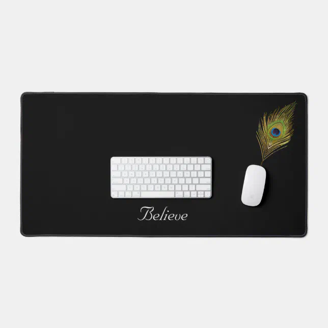 Peacock Feather & Calligraphy on Black Desk Mat | Zazzle