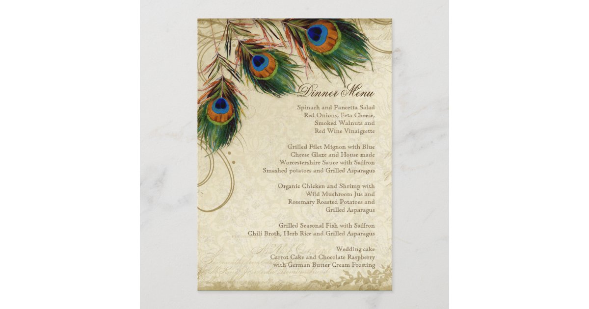 Peacock & Feather Elegant Matching Dinner Menu | Zazzle