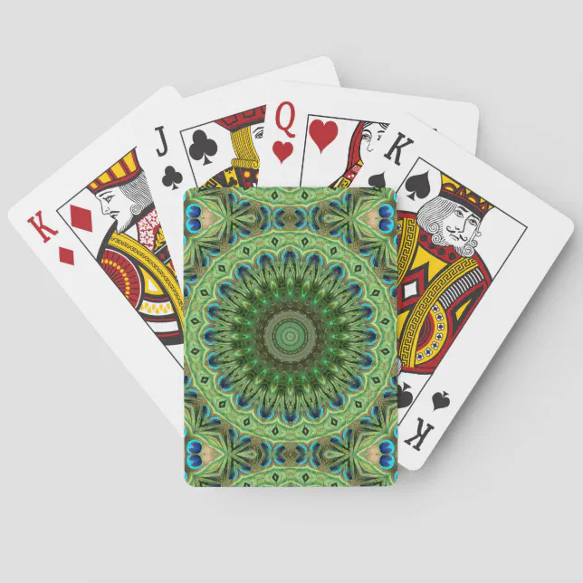 Peacock Feather Mandala Emerald and Blue Symmetry Poker Cards | Zazzle