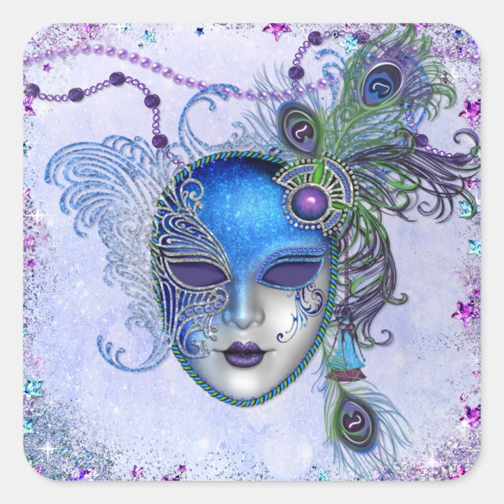 Peacock Feather Masquerade Mask Square Sticker | Zazzle