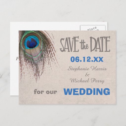 Peacock Feather Save the Date Wedding Postcard | Zazzle