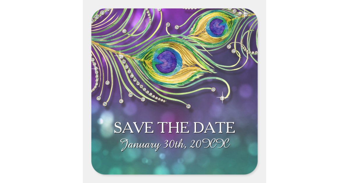 Peacock Feather Wedding Jeweled Feathers Bokeh Square Sticker Zazzle