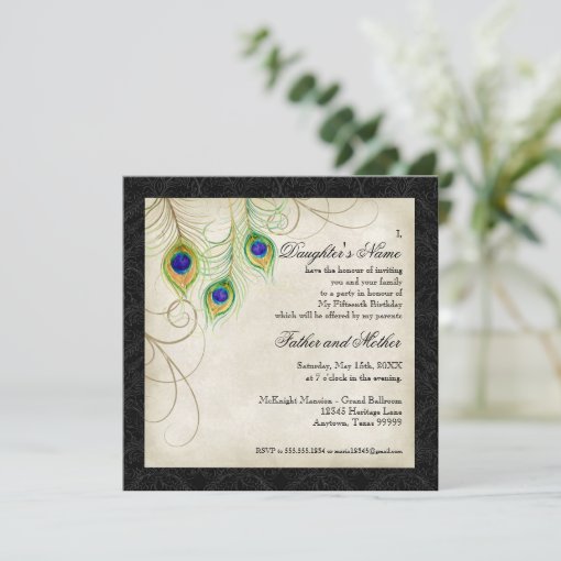 Peacock Feathers Black Damask Quinceanera Party Invitation | Zazzle