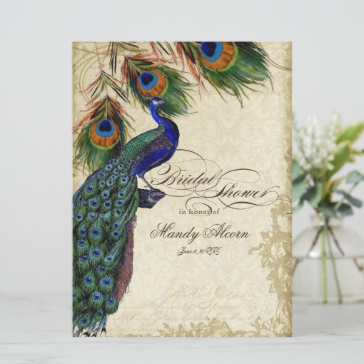 Peacock & Feathers Bridal Shower Tea Stained Card | Zazzle