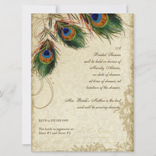 Peacock & Feathers Bridal Shower Tea Stained Card | Zazzle