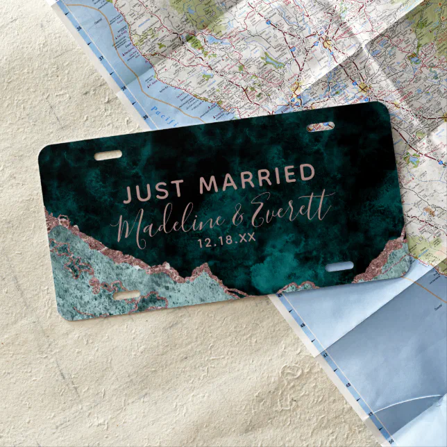 Peacock Green & Rose Gold Foil Agate Just Married License Plate | Zazzle