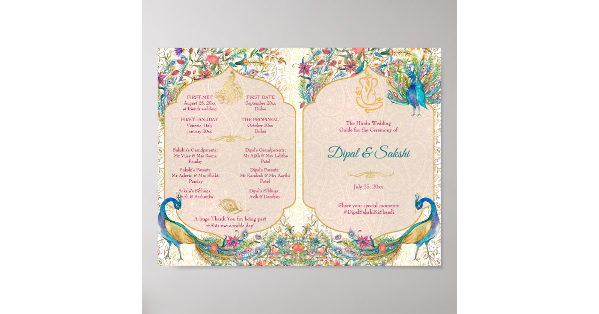 Peacock Hindu wedding details rituals program Poster | Zazzle