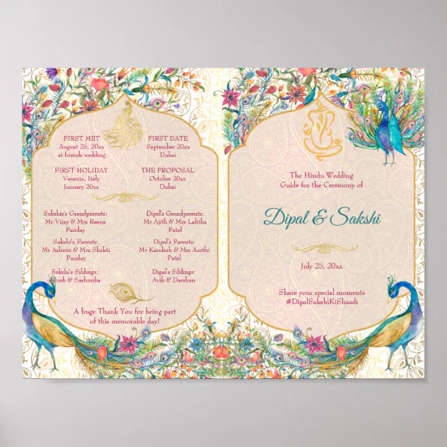 Peacock Hindu wedding details rituals program Poster | Zazzle
