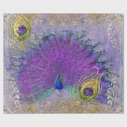 Peacock Purple Gold Rococo Scrollwork Decoupage Wrapping Paper | Zazzle