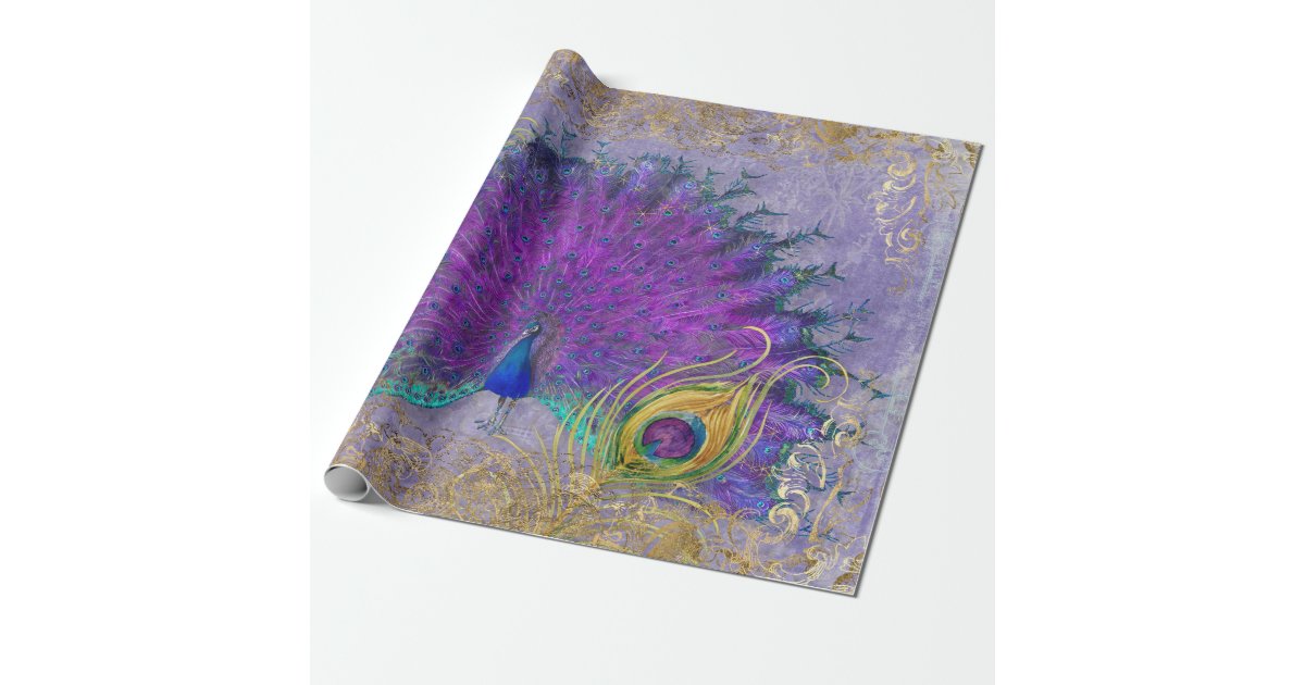 Peacock Purple Gold Rococo Scrollwork Decoupage Wrapping Paper | Zazzle