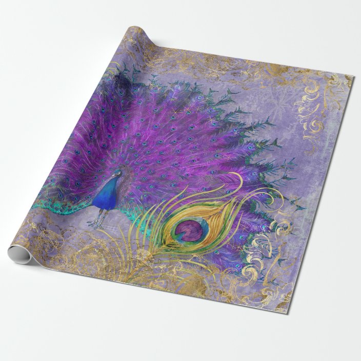 Peacock Purple Gold Rococo Scrollwork Decoupage Wrapping Paper | Zazzle.com