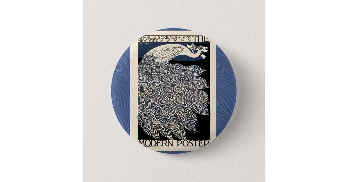 Peacock Vintage Blue Art Nouveau Art Button | Zazzle