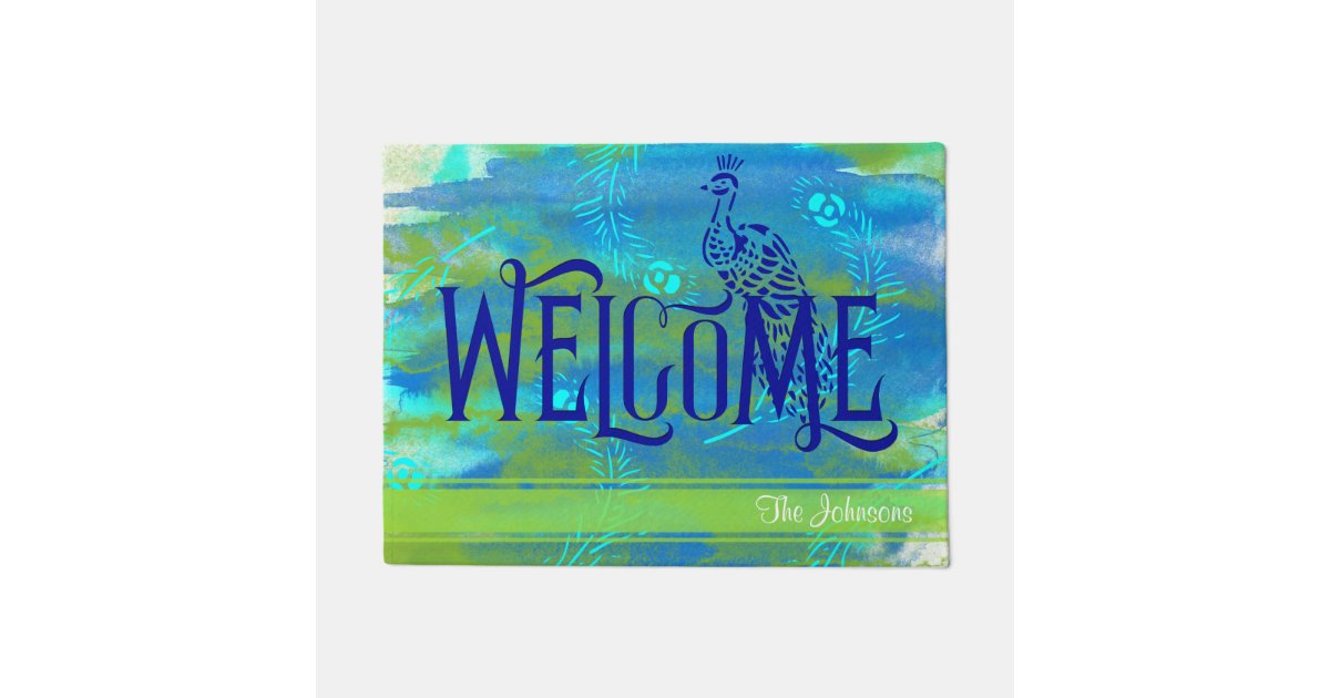 Peacock Watercolor Welcome Personalized Doormat | Zazzle