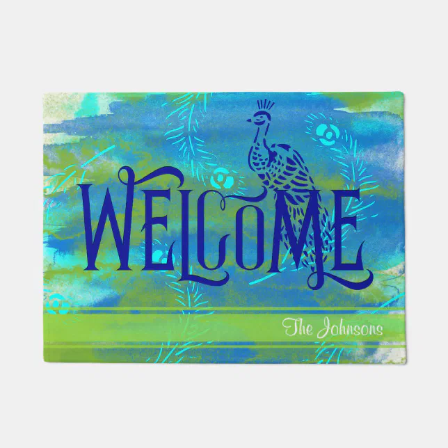 Peacock Watercolor Welcome Personalized Doormat | Zazzle