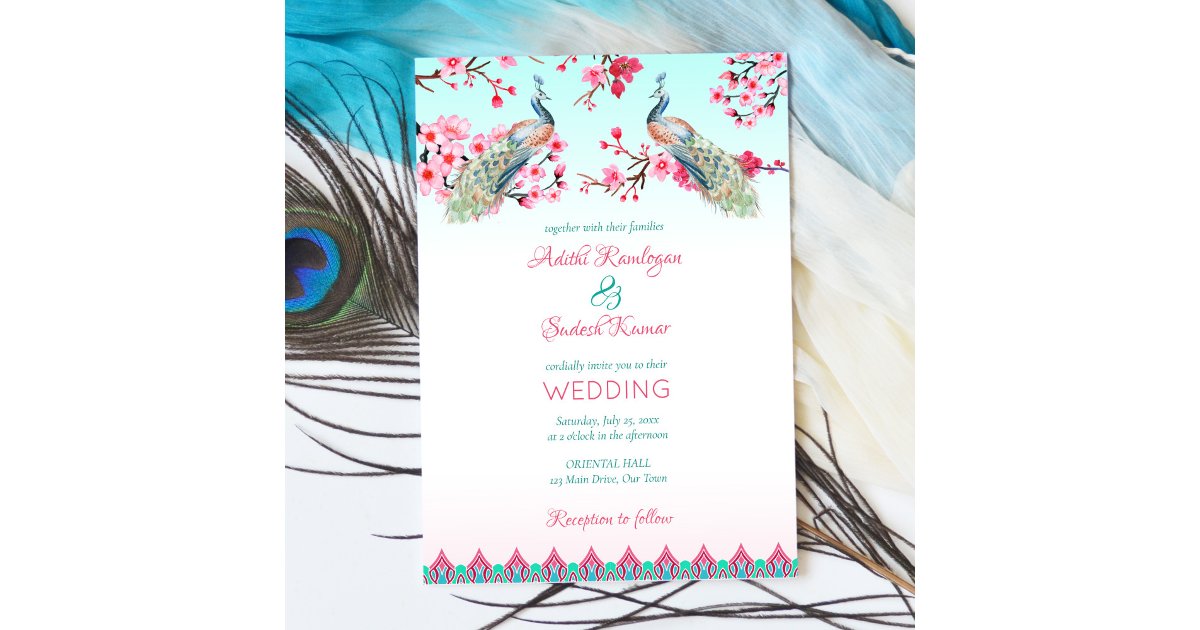 Peacocks pink blossoms ombre pink and blue invitation | Zazzle