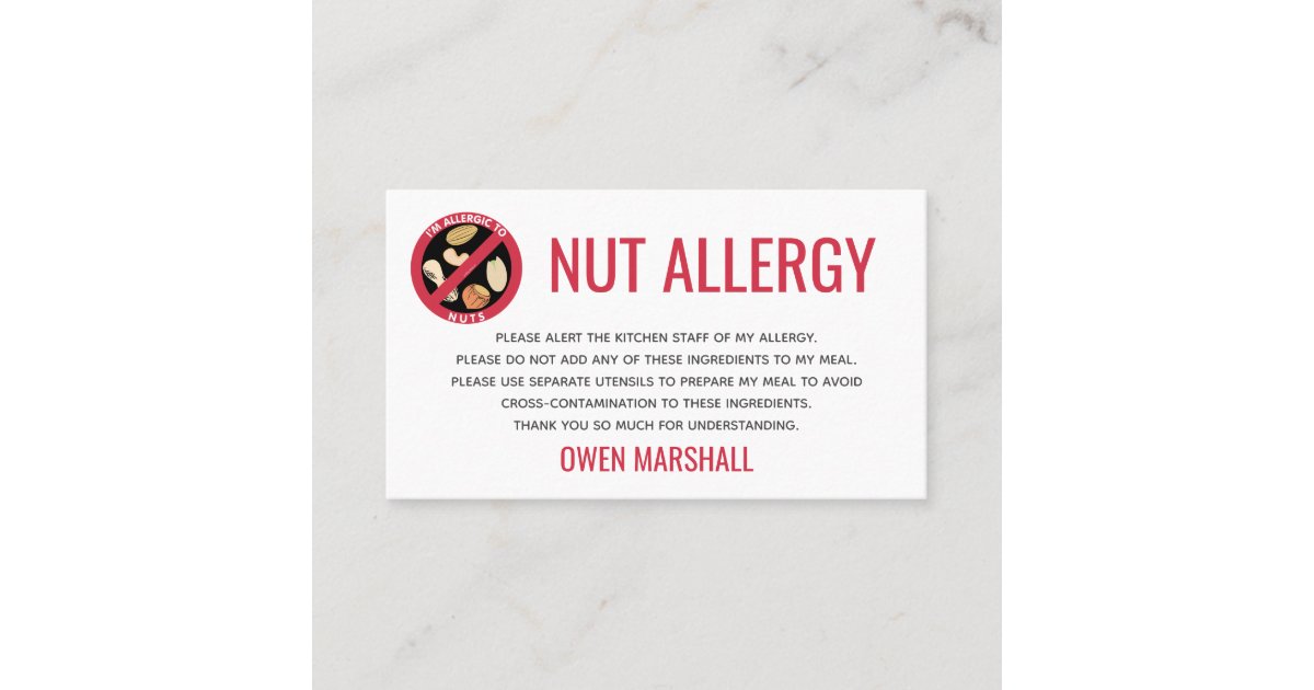 Peanut Tree Nut Allergy Alert Restaurant Card | Zazzle