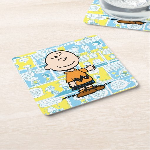 Peanuts | Charlie Brown Comic Pattern Square Paper Coaster | Zazzle