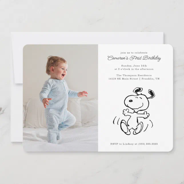 Peanuts | Dancing Snoopy Photo Birthday Invitation | Zazzle