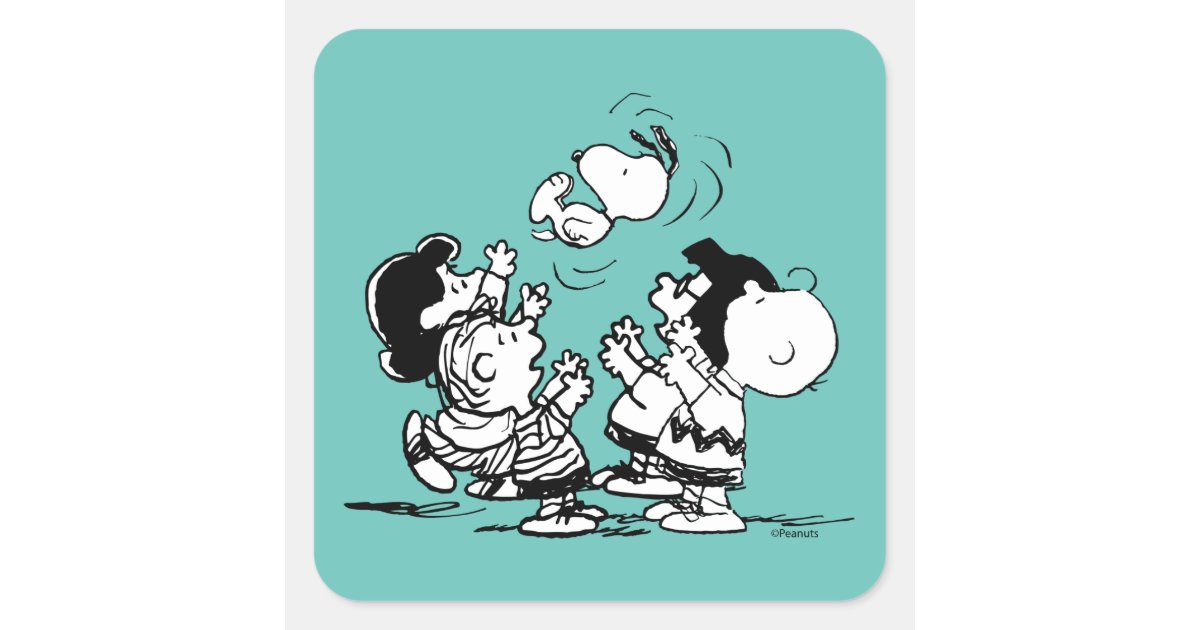 Peanuts Gang Lifting Snoopy Square Sticker | Zazzle