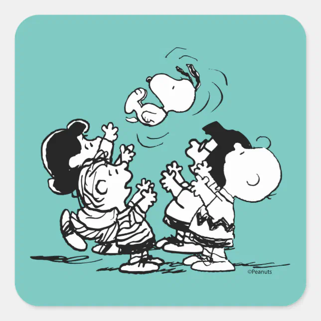 Peanuts Gang Lifting Snoopy Square Sticker | Zazzle