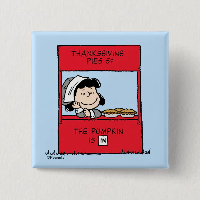 Peanuts | Lucy Pilgrim Pie Stand Button | Zazzle