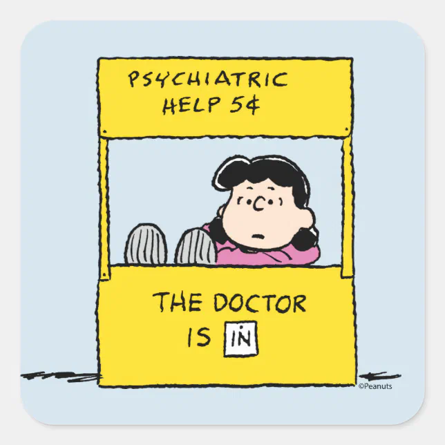 Peanuts | Lucy & the Doctor Is In Square Sticker | Zazzle