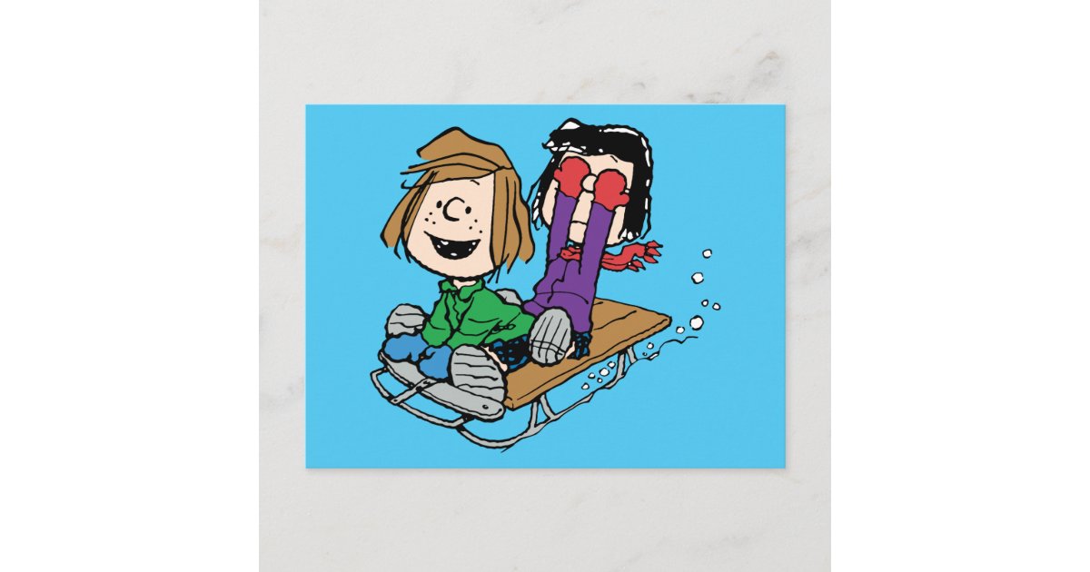 Peanuts | Peppermint Patty & Marcie Sled Riding Holiday Postcard | Zazzle