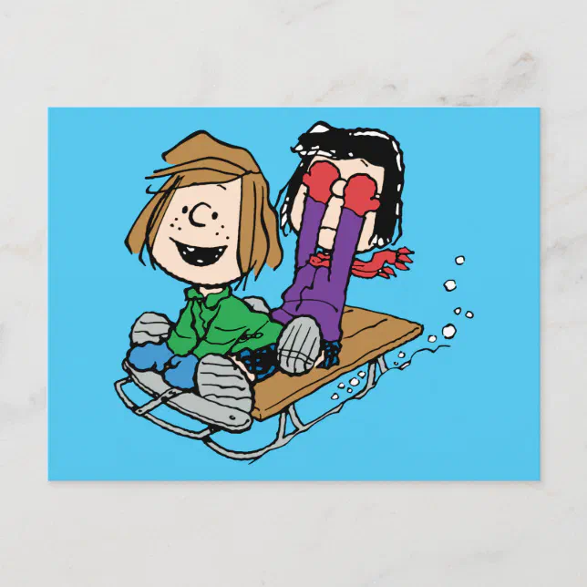 Peanuts | Peppermint Patty & Marcie Sled Riding Holiday Postcard | Zazzle
