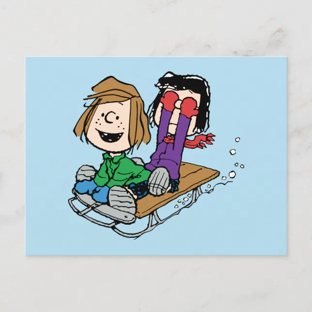 Peanuts | Peppermint Patty & Marcie Sled Riding Holiday Postcard | Zazzle