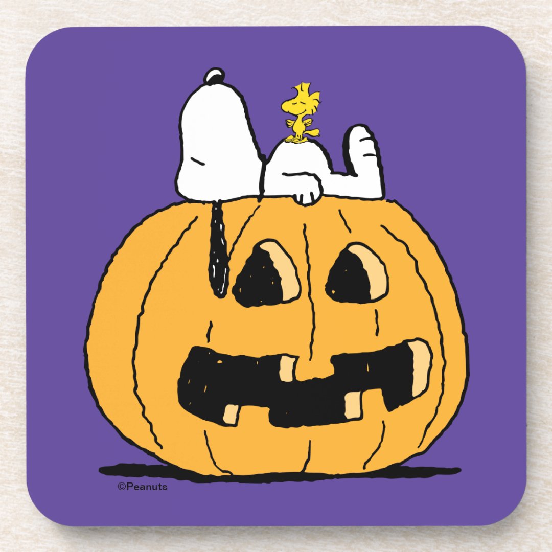 Peanuts | Snoopy and Woodstock Jack-O-Lantern Beverage Coaster | Zazzle