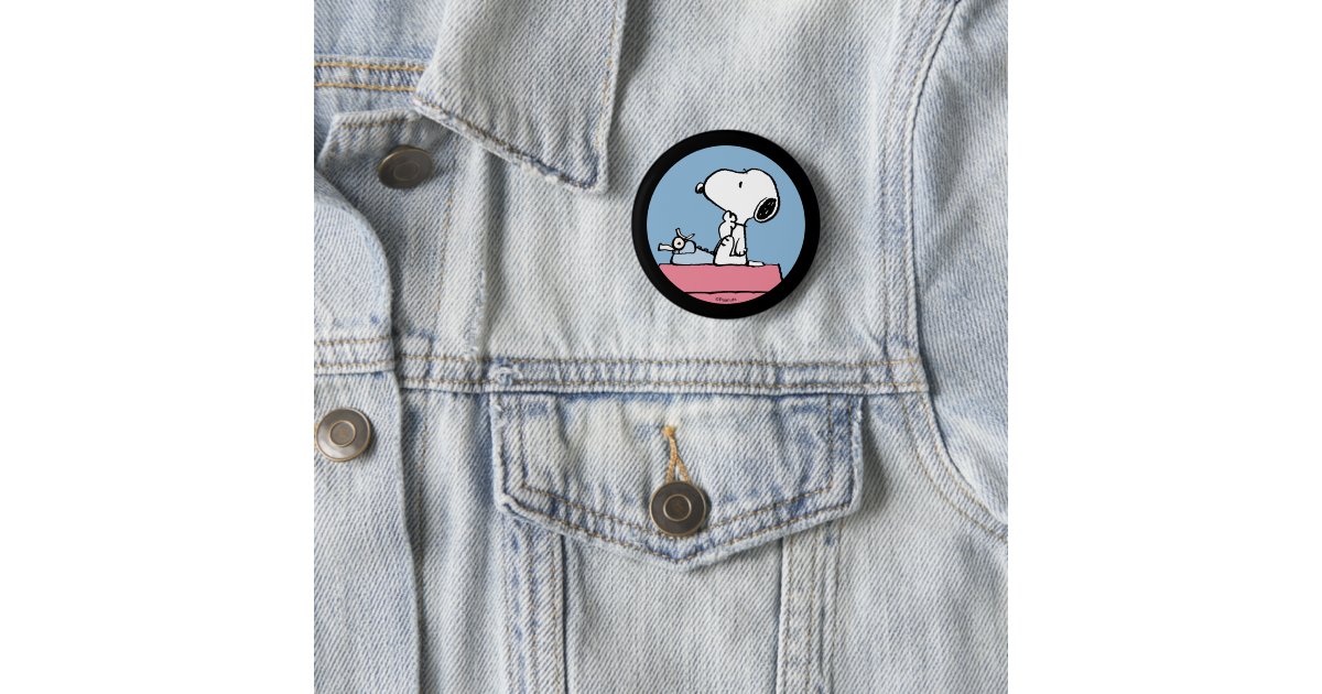 Peanuts | Snoopy at the Typewriter Button | Zazzle