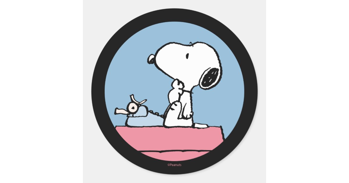 Peanuts | Snoopy at the Typewriter Classic Round Sticker | Zazzle