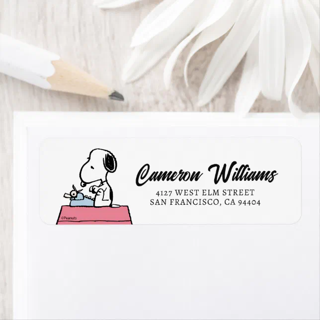 Peanuts | Snoopy at the Typewriter Label | Zazzle