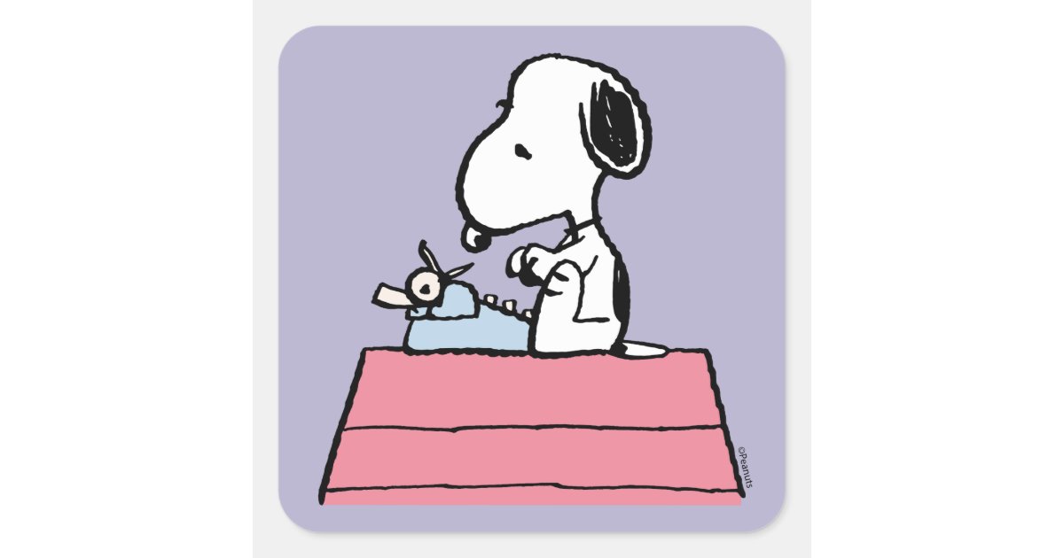 Peanuts | Snoopy at the Typewriter Square Sticker | Zazzle