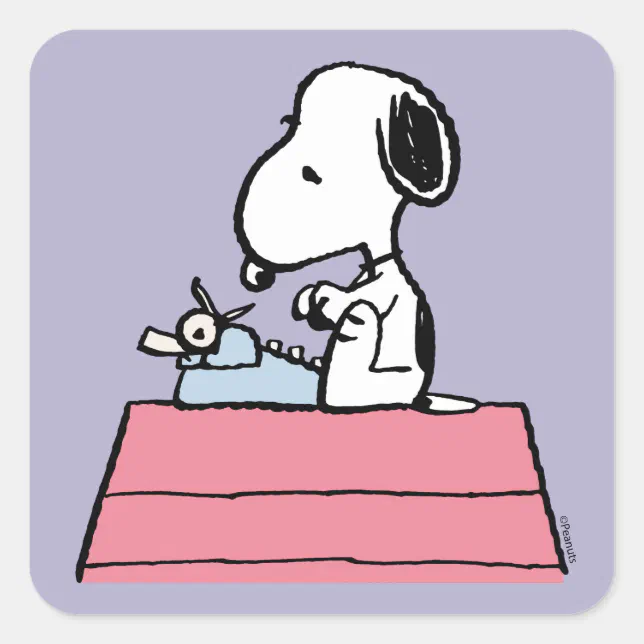 Peanuts | Snoopy at the Typewriter Square Sticker | Zazzle