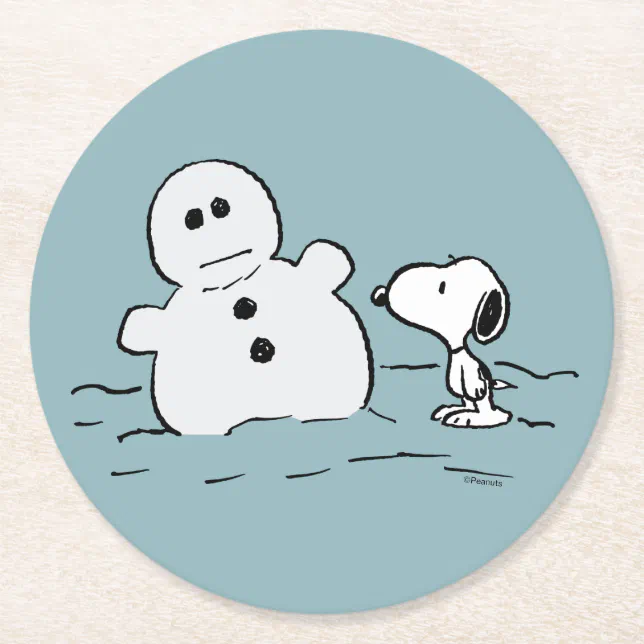 Peanuts | Snoopy Builds A Snowman Round Paper Coaster | Zazzle