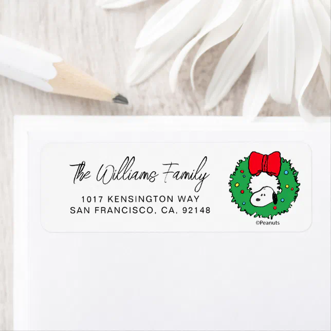 Peanuts | Snoopy Christmas Wreath & Bow Label | Zazzle