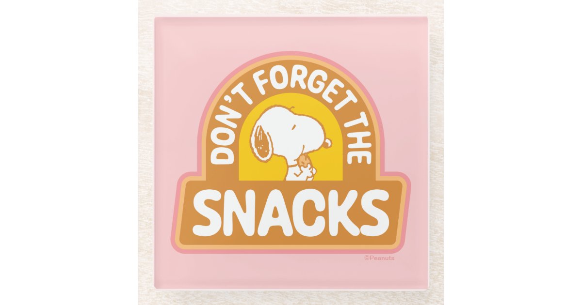 Peanuts | Snoopy Don't Forget the Snacks Glass Coaster | Zazzle