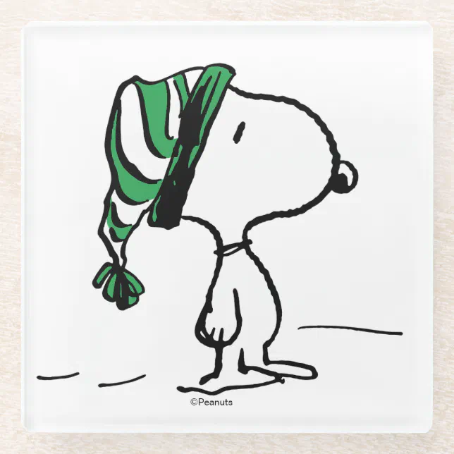 Peanuts | Snoopy Green Snow Cap Glass Coaster | Zazzle