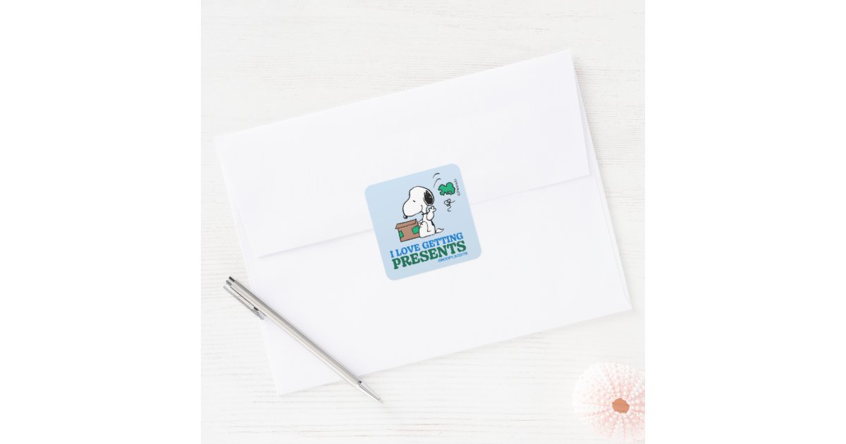 Peanuts | Snoopy I Love Getting Presents Square Sticker | Zazzle