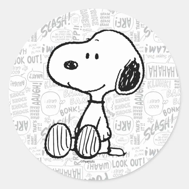PEANUTS | Snoopy on Black White Comics Classic Round Sticker | Zazzle