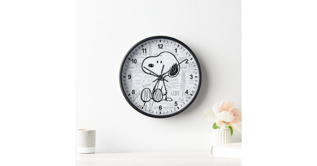 PEANUTS | Snoopy on Black White Comics Clock | Zazzle