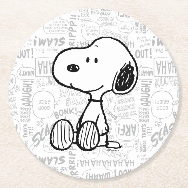PEANUTS | Snoopy on Black White Comics Round Paper Coaster | Zazzle