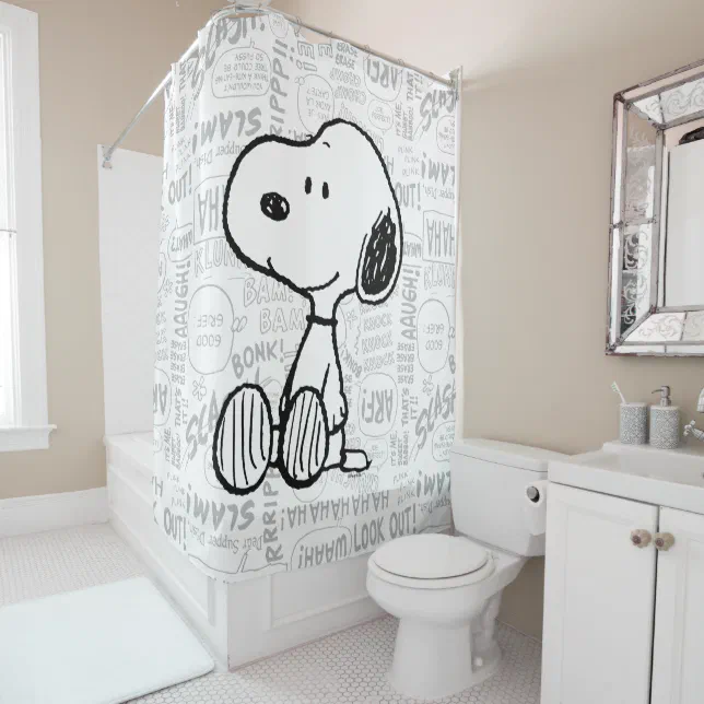 PEANUTS | Snoopy on Black White Comics Shower Curtain | Zazzle