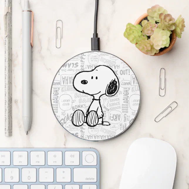 PEANUTS | Snoopy on Black White Comics Wireless Charger | Zazzle