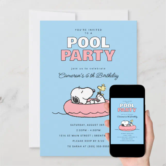 Peanuts -Snoopy - Pool Party Summer Birthday Invitation | Zazzle