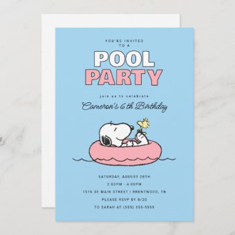 Peanuts -Snoopy - Pool Party Summer Birthday Invitation | Zazzle