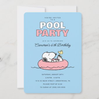 Peanuts -Snoopy - Pool Party Summer Birthday Invitation | Zazzle